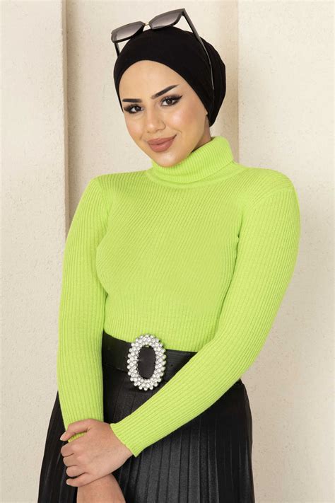 Boğazlı Triko Kazak Fosforlu Yeşil Modasena