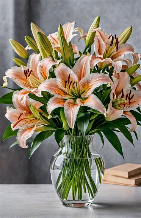 一束鲜花，一束百合花，插在透明花瓶里，摄影作品，最佳照片，超精细细节，8k分辨率 花思雨的文本出图 自定义创作 4k超清化作品
