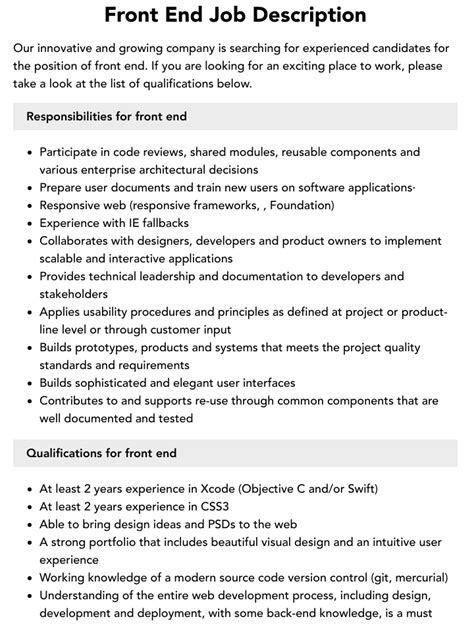 Front End Job Description Velvet Jobs
