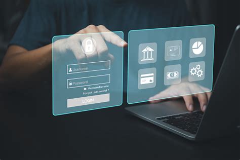 인터넷 뱅킹 온라인 보안 연결 네트워크 로그인 및 암호 개인 정보 비즈니스 사이버 보안 디지털 기술 노트북 아이콘 개념이 있는