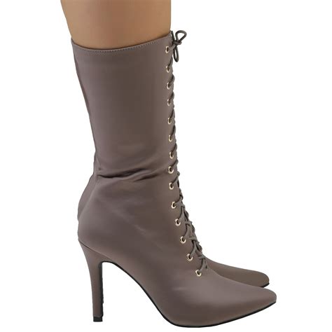 Keri Womens High Stiletto Heels Zip Lace Up Mid Calf Boots Ladies Shoes