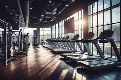Premium Photo A Row Of Tread Machines In A Gym