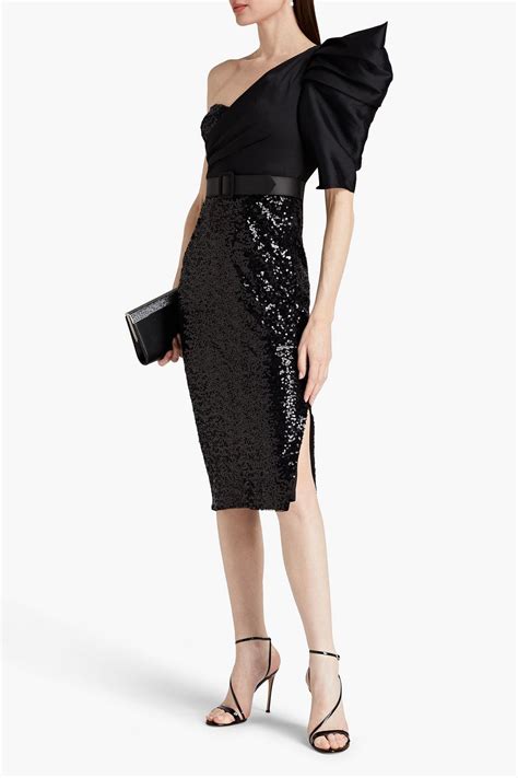 BADGLEY MISCHKA One Shoulder Satin Twill And Sequined Tulle Midi Dress