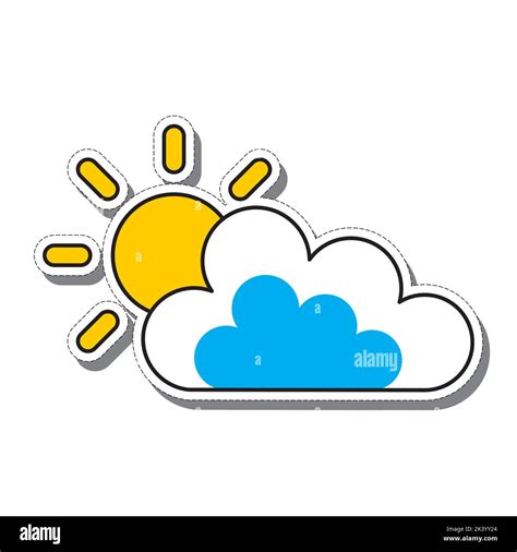 Pegatina de dibujos animados del Sol detrás de una nube sobre un fondo