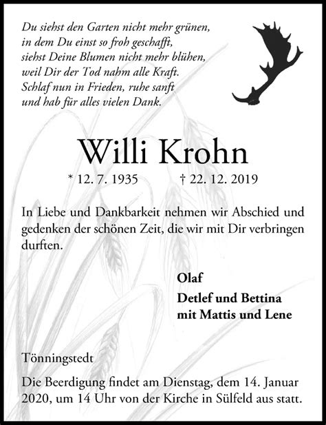 Traueranzeigen Von Willi Krohn Trauer Anzeigen De
