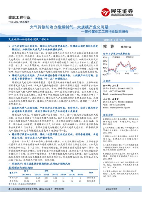 现代煤化工工程行业：大气污染防治力推煤制气 大规模产业化可期
