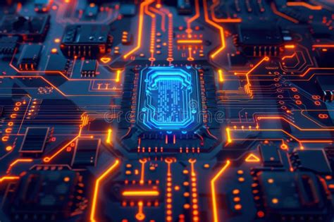 Close Up Of A Futuristic Computer Motherboard With Glowing Circuits And Components Highlighting