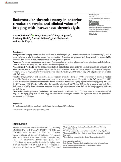 Pdf Endovascular Thrombectomy In Anterior Circulation Stroke And Clinical Value Of Bridging