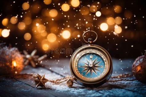 Vintage Compass On Wooden Table With Holiday Decorations And Falling Snowflakes Stock
