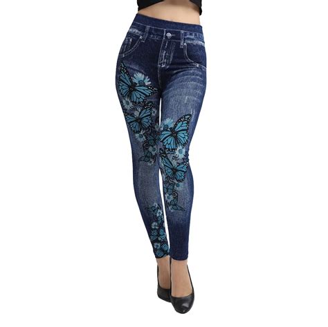 Women Imitation Jeans Leggings Mock Pocket Print High Stretch Pants