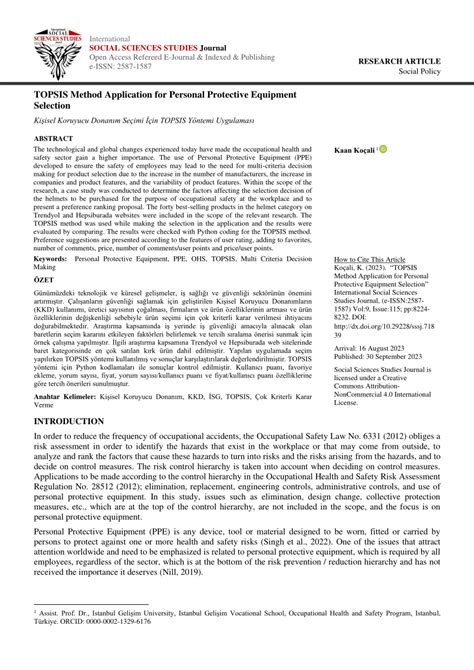 Pdf Topsis Method Application For Personal Protective Equipment Selection