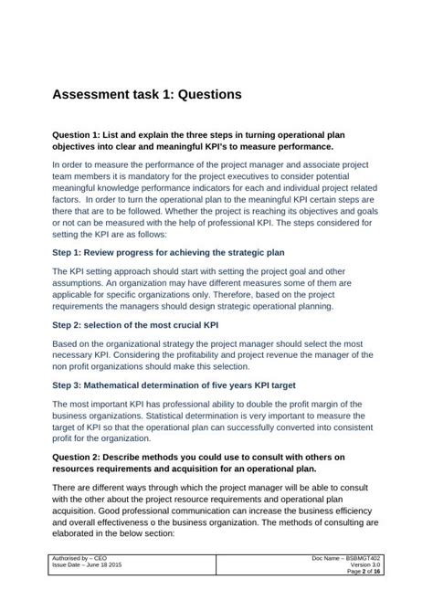 BSBMGT402 Implement Operational Plan Assessment Tasks And Project