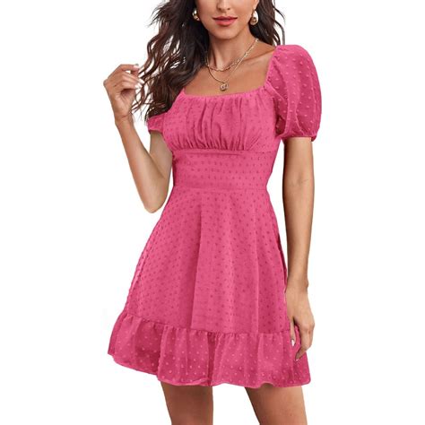 Lyaner Women Swiss Dots Square Neck Ruffle Hem Short Sleeve Elegant