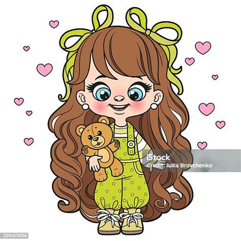 귀여운 만화 긴 머리 소녀 부드러운 장난감 테디 베어 손에 색상 변화 흰색 배경에 고립 된 색칠 공부 페이지 곱슬 머리에 대한