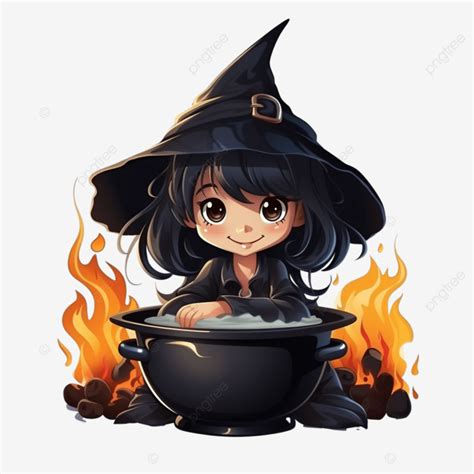 할로윈에 가마솥에서 작은 마녀 아이 요리 물약 할로윈 소녀 마법 의상 파티 Png 일러스트 및 이미지 에 대한 무료