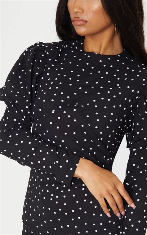 Black Polka Dot Puff Shoulder Bodycon Dress Prettylittlething