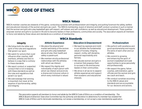 Code Of Ethics Values WBCA