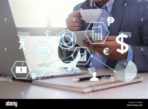 Man Using Tablet Computer Virtual Interface Graphic Icons Network
