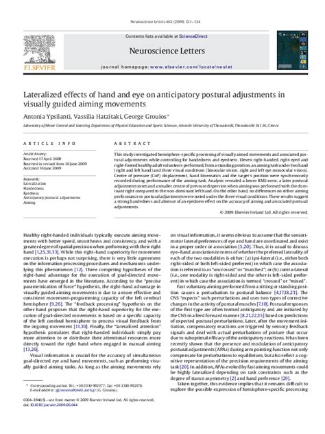 Pdf Lateralized Effects Of Hand And Eye On Anticipatory Postural