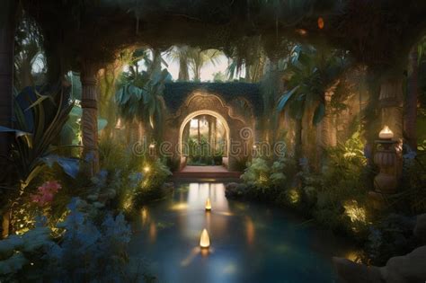 Fantasy Garden With A Pond And A Fountain 3d Render Stock Illustration