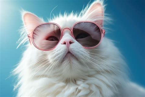 Premium Photo White Cat Wearing Sunglasses On Blue Background