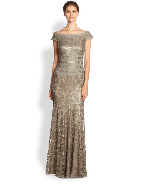 Tadashi Shoji Sequined Lace Gown In Gray Lyst