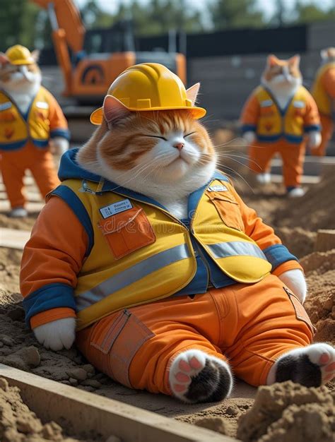 A Fat Cat Wearing A Construction Worker S Suit With An Orange Vest And