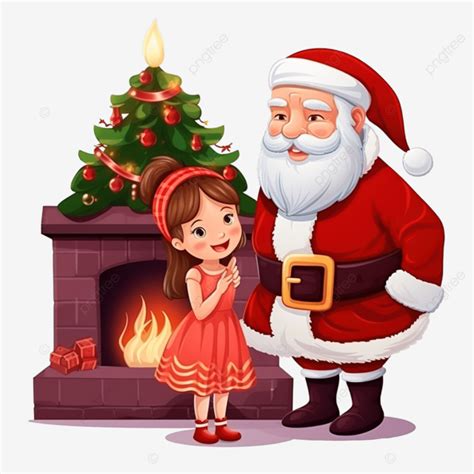 벽난로 근처에 귀여운 소녀와 집에 있는 크리스마스 트리를 들고 있는 산타클로스 크리스마스 가족 어린이 선물 크리스마스 아이들 Png 일러스트 및 이미지 에 대한 무료