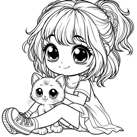 Раскраска Девочка с котёнком Раскраски Милые рисунки Шаблоны трафаретов