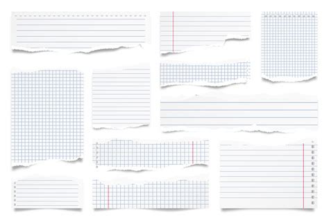 흰색 배경에 격리 된 찢어진 종이 스트립 찢어진 가장자리가있는 현실적인 줄 지어 종이 스크랩 스티커 노트 노트북 페이지의 조각