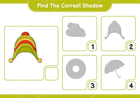 올바른 그림자를 찾으십시오 모자의 올바른 그림자를 찾아 일치시킵니다 교육 어린이 게임 인쇄용 워크시트 벡터 일러스트 레이 션 프리미엄 벡터