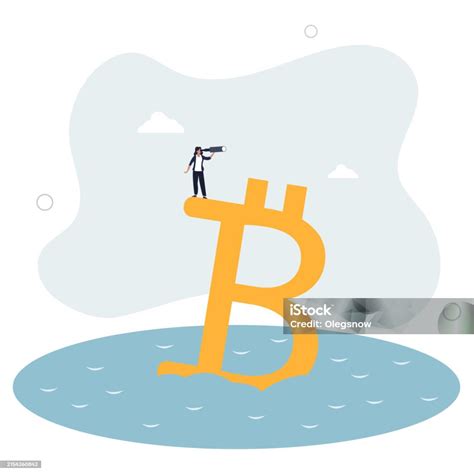 여성 사업가 투자자가 망원경을 사용하여 익사 비트 코인 기호에 서서 Futureflat 벡터 그림을 볼 수 있습니다 가격에 대한