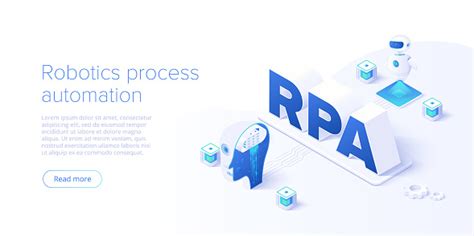 등각 투영 벡터 그림의 Rpa 개념입니다 로봇 공학은 소프트웨어 로봇과 Ai를 통해 자동화 배경을 처리합니다 인공 지능 웹 배너