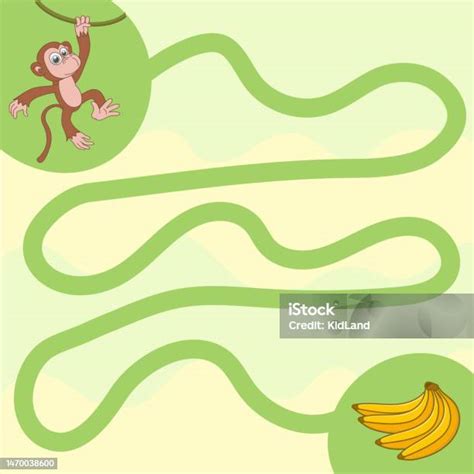 어린이를위한 미로 게임 선을 그리고 귀여운 침팬지에게 먹이를주십시오 원숭이가 바나나를 찾도록 도와주세요 유치원 또는 미취학