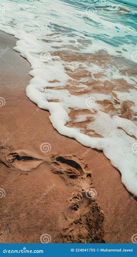 Gentle Wave On Sandy Beach Intricate Patterns And Footprints Stock