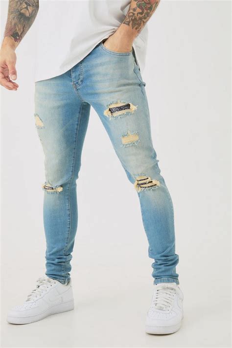 Skinny Stretch Ripped Bandana Jeans In Light Blue Boohoo Usa