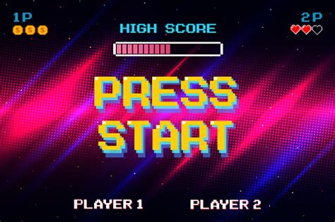 시작을 누릅니다 계속하려면 동전을 넣으십시오 픽셀 아트 8비트 게임 복고풍 미래파 공상 과학 배경 빛나는 네온 그리드 그리고 빈티지 아케이드 컴퓨터 게임의 별 0명에 대한