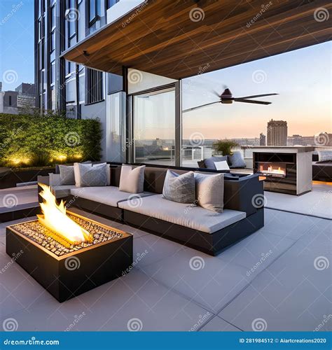 A Contemporary Rooftop Terrace With Comfortable Seating A Fire Pit