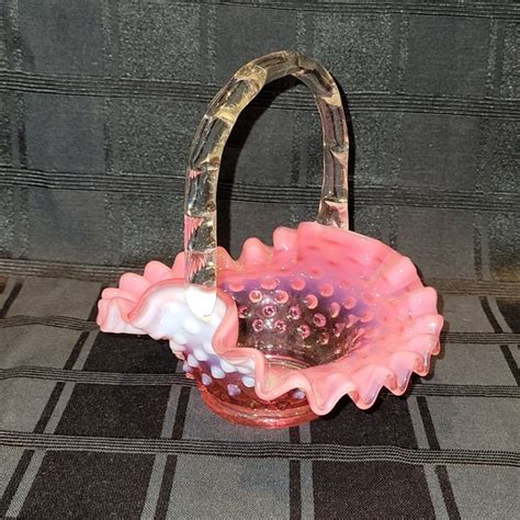 Fenton Accents Vintage Fenton Pink Milk Hobnail Ruffled Glass