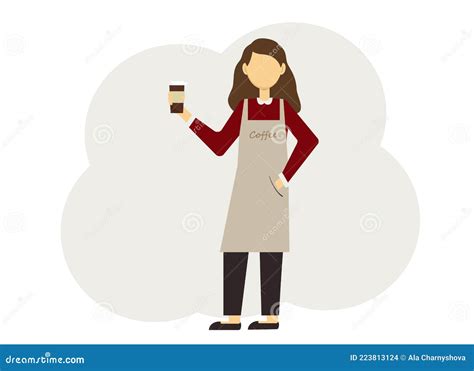 Illustration Of Barista Woman With Glasses Of Coffee And In Uniform