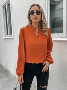 SHEIN Clasi Notched Neckline Pleated Lantern Sleeve Blouse SHEIN USA