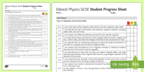 Edexcel Style Gcse Physics Magnetism And The Motor Effect Progress Sheet