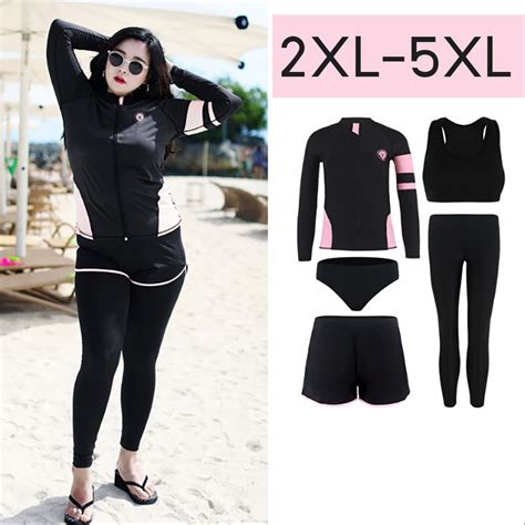ชุดว่ายน้ำผู้หญิงไซส์ใหญ่ รุ่นขอบชมพู แขนยาว 2xl 5xl 5 ชิ้น ชุด