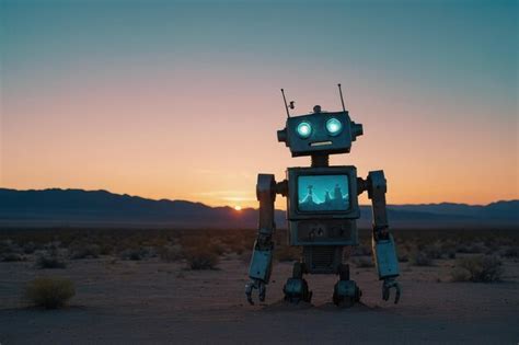 Futuristic Robot In Desert Twilight Premium Ai Generated Image
