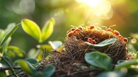 Red Fire Ants Building Nest Ant Nest With Leaf On Mango Tree Premium
