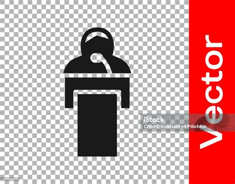 블랙은 투명한 배경에 격리된 강의 아이콘을 제공합니다 연단 근처에 서라 마이크로 말하십시오 연사 강의와 제스처 벡터 스포츠