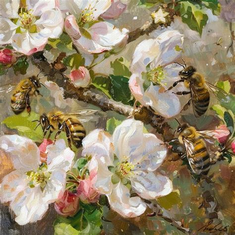 Bees Pollinating Apple Blossoms In An Orchard Premium Ai Generated Image