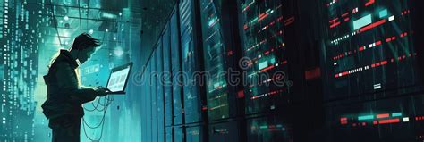 A Lone Hacker Works Intently On A Laptop Surrounded By Glowing Server