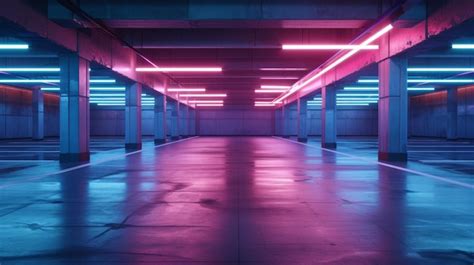 Modern Parking Lot Illuminated With Neon Pink And Blue Lights Creating