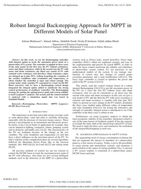 Robust Integral Backstepping Approach For Mppt In Different Models Of